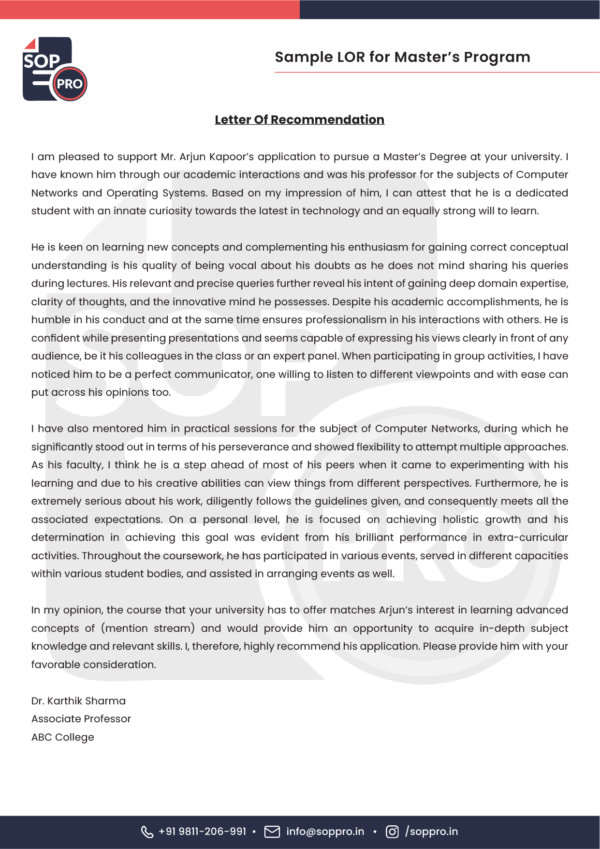 Academic LOR Samples and Examples in PDF format for Study Abroad
