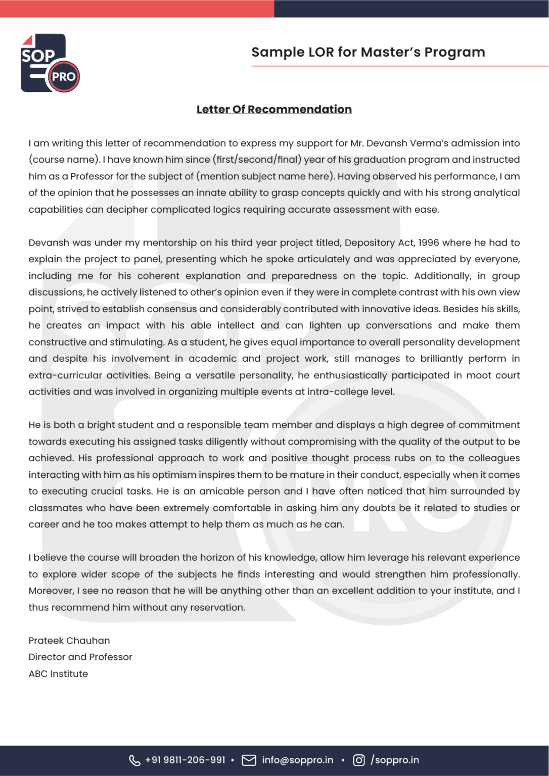 Academic LOR Samples and Examples in PDF format for Study Abroad