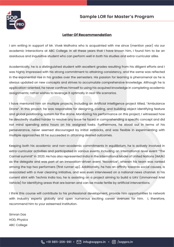 Academic LOR Samples and Examples in PDF format for Study Abroad