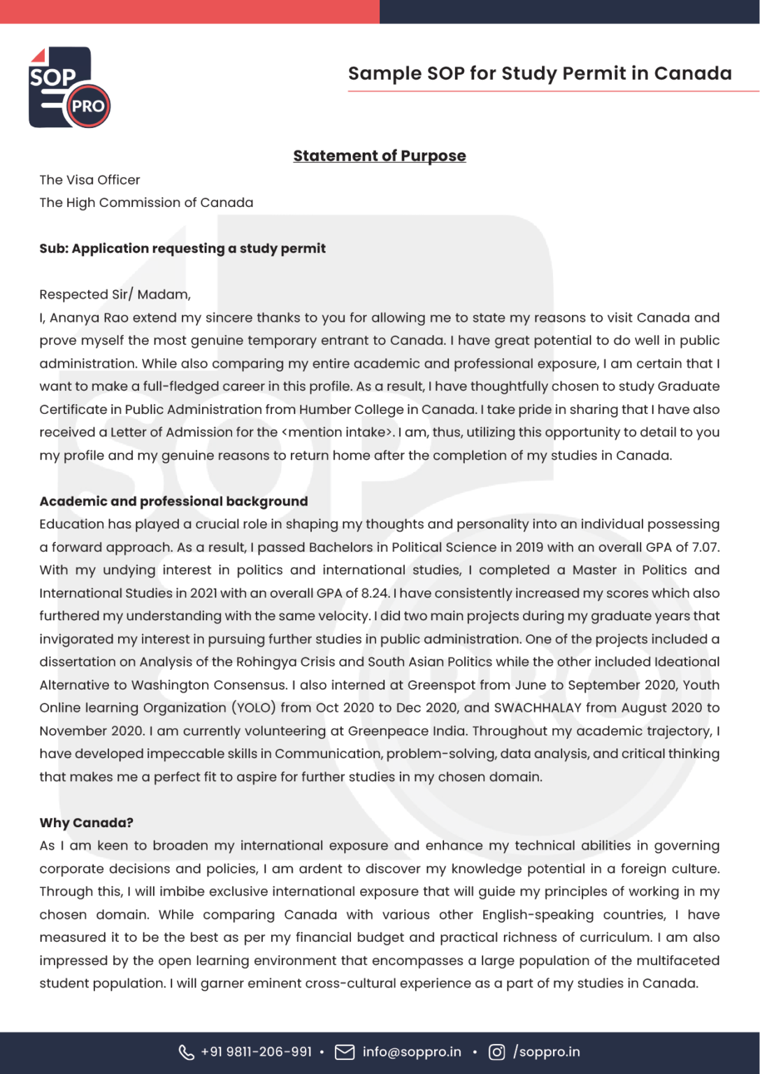 Visa SOP Samples, Examples and Formats for Study Permit