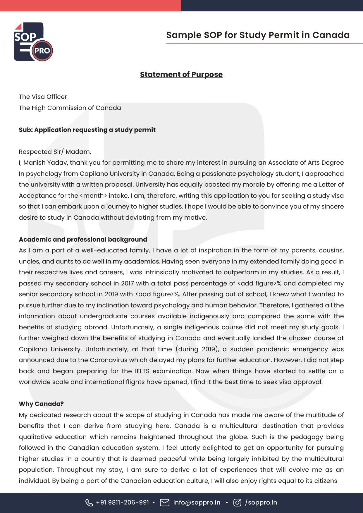 Visa SOP Samples, Examples and Formats for Study Permit